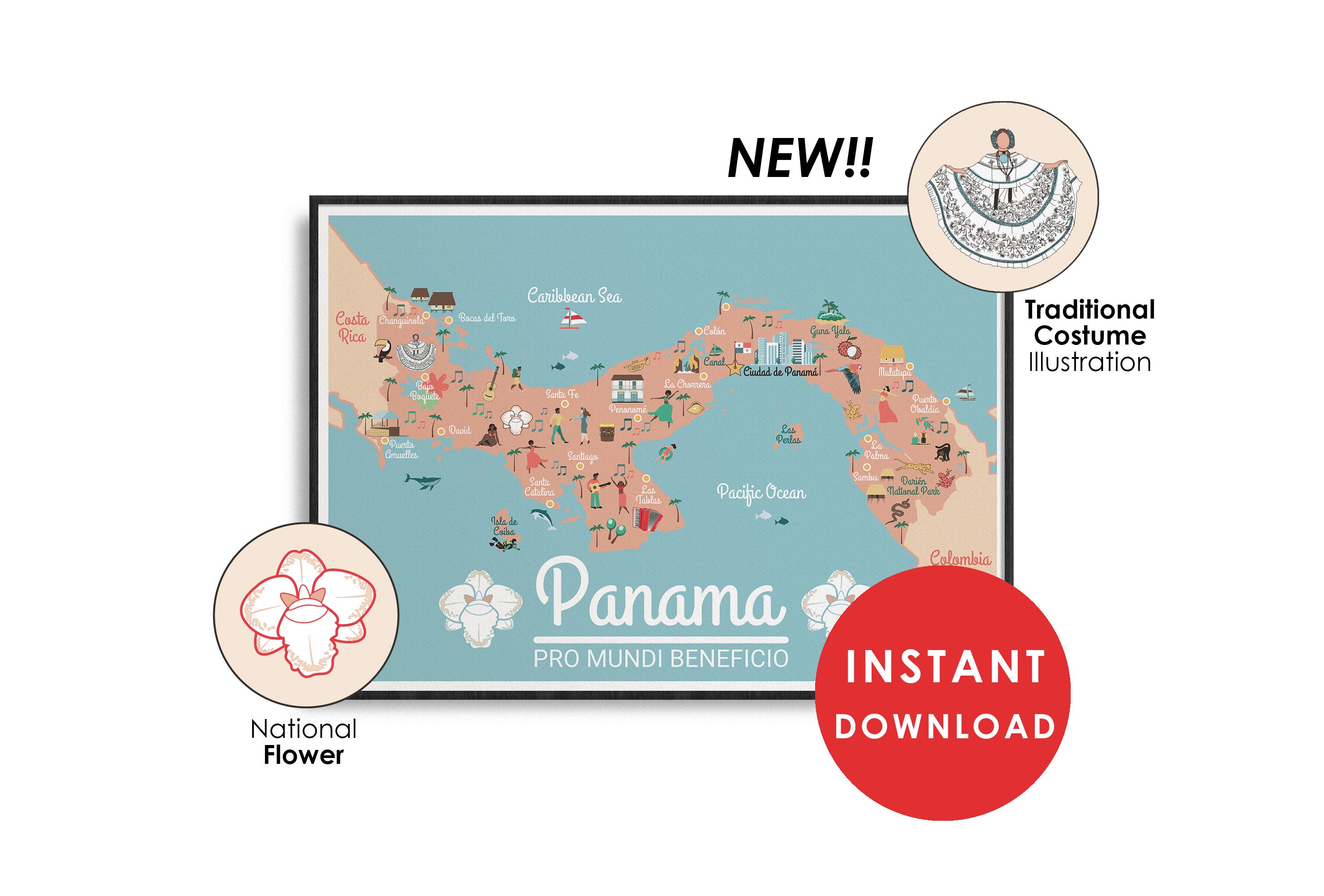 Panama Poster: Illustrated Map. Pollera Bocas Del Toro - Etsy