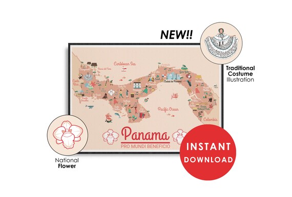 Panama Poster: Illustrated Map. Pollera Bocas Del Toro - Etsy