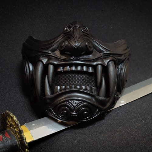 Half Face Samurai Mask Oni Mempo Armor Japanese Black Monster - Etsy