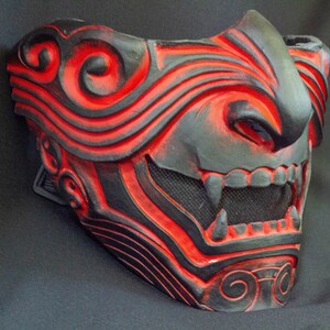 Red and Black Oni Mask - Samurai Half Face Demon Armor - Handcrafted ...