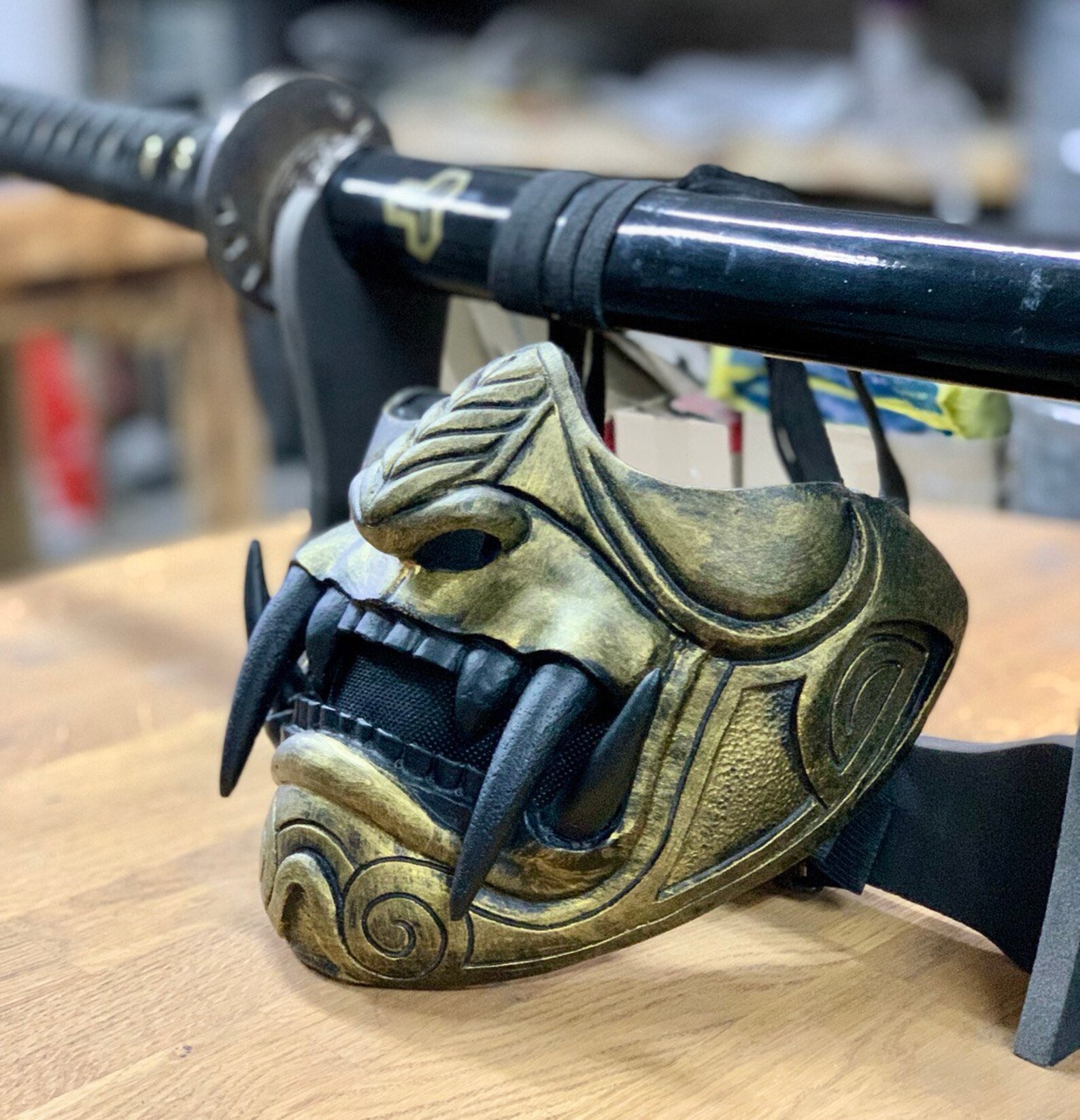 Half Face Gold Demon Assassin Ronin Samurai Mask, Cool Baddass Demon ...