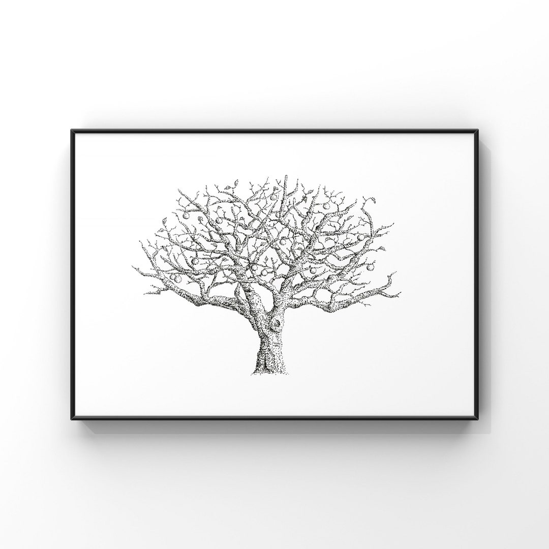Apple Tree Stippling Art Print / Botanical Nature Dotwork Wall Art ...