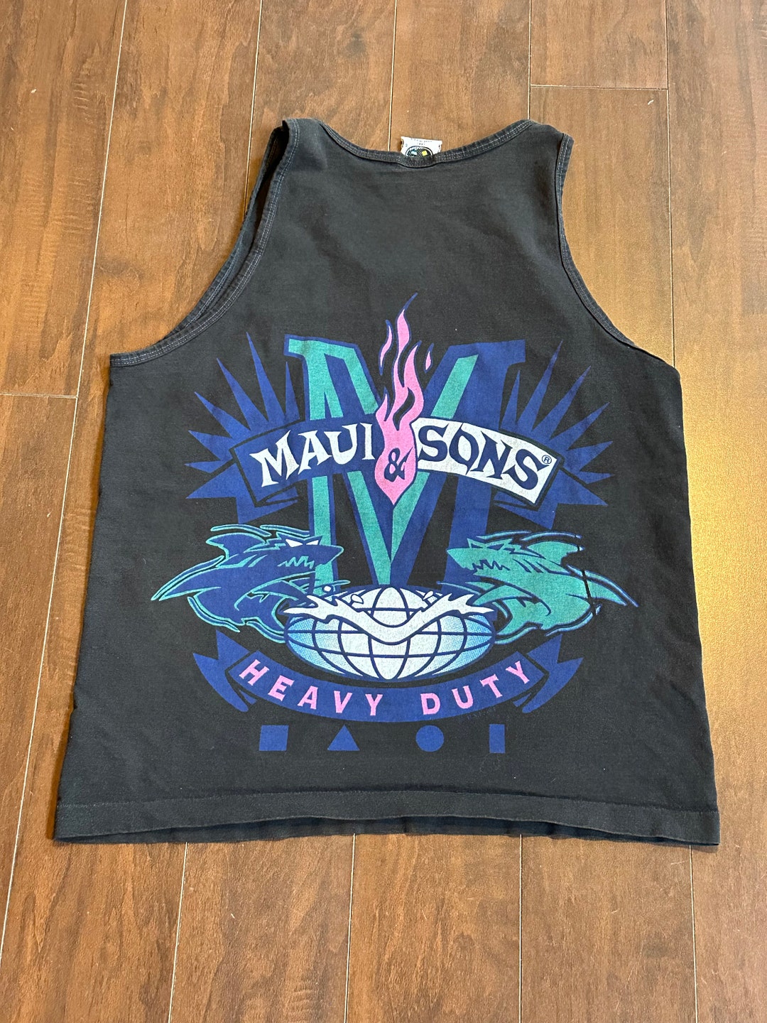 Vintage Hawaii Maui & Sons Sharks Surfer Tank Top Graphic T Shirt USA ...