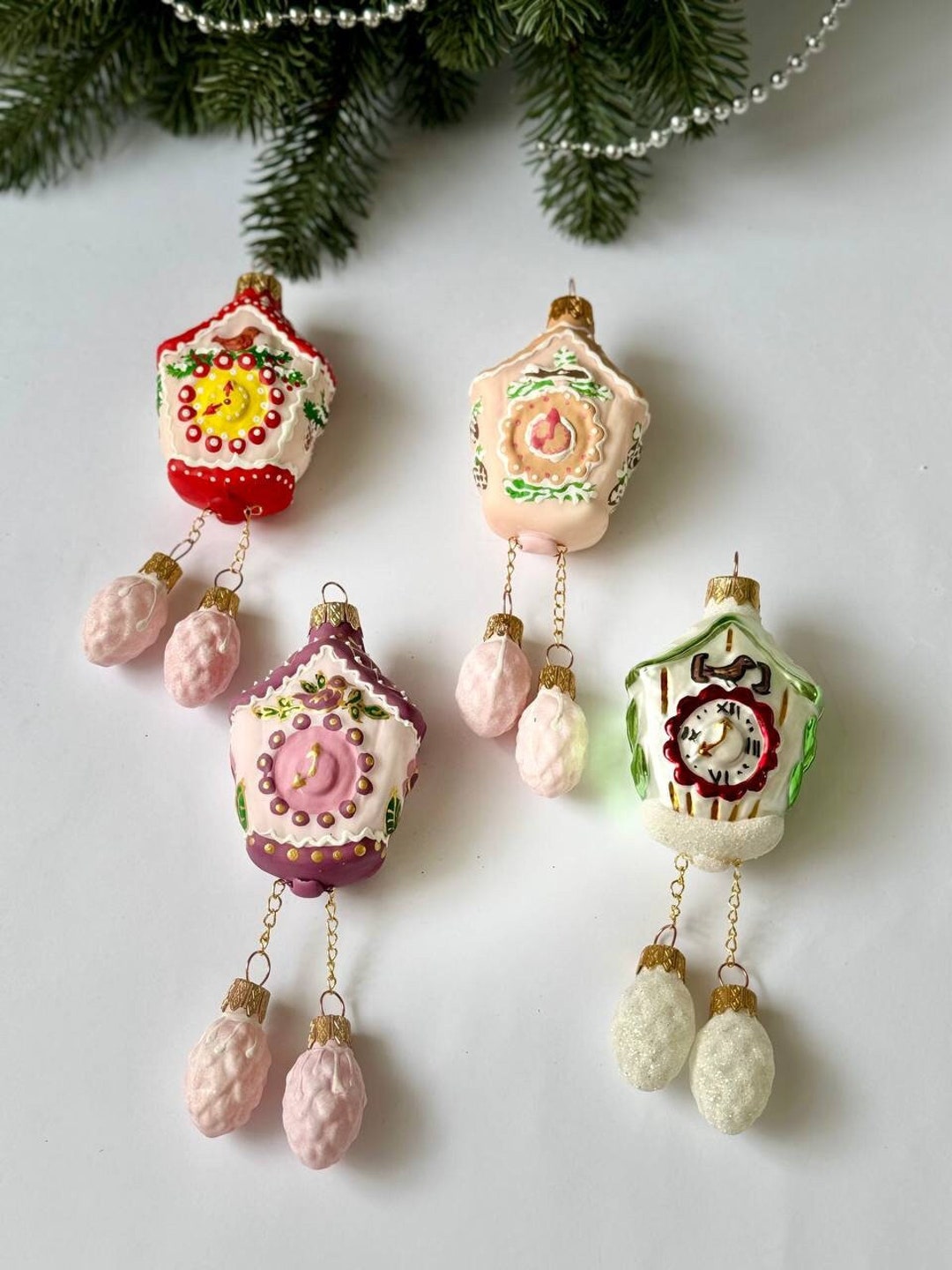 Cuckoo Clock Glass Christmas Ornaments, Xmas Ornaments, Clock With Pine ...