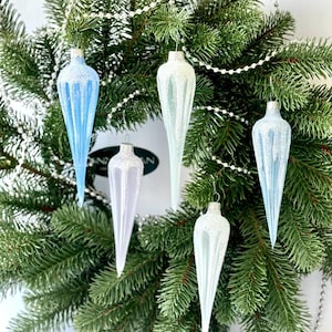 Set of 5 Blue Icicles Christmas Glass Ornaments, Xmas Tree Hanging ...