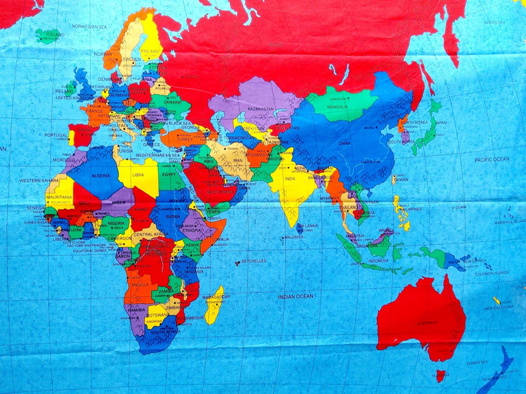 Fabric Panel: World Map Bright Colors, Has Mountain Ranges, Country ...