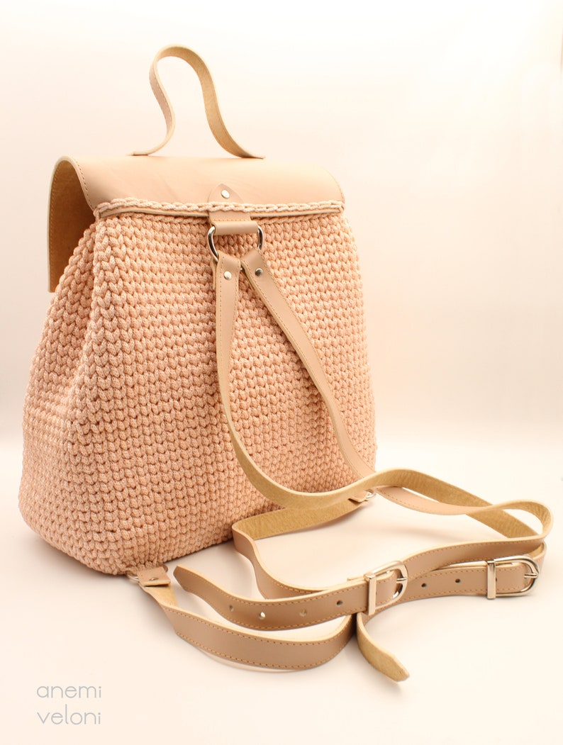 Pink Backpack, Dusty Pink Crochet Backpack, Leather Bag, Boho Handbag ...