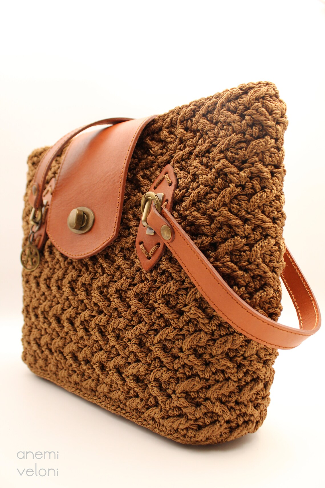 Crochet Bag Brown Shoulder Bag Crochet Handbag Leather | Etsy