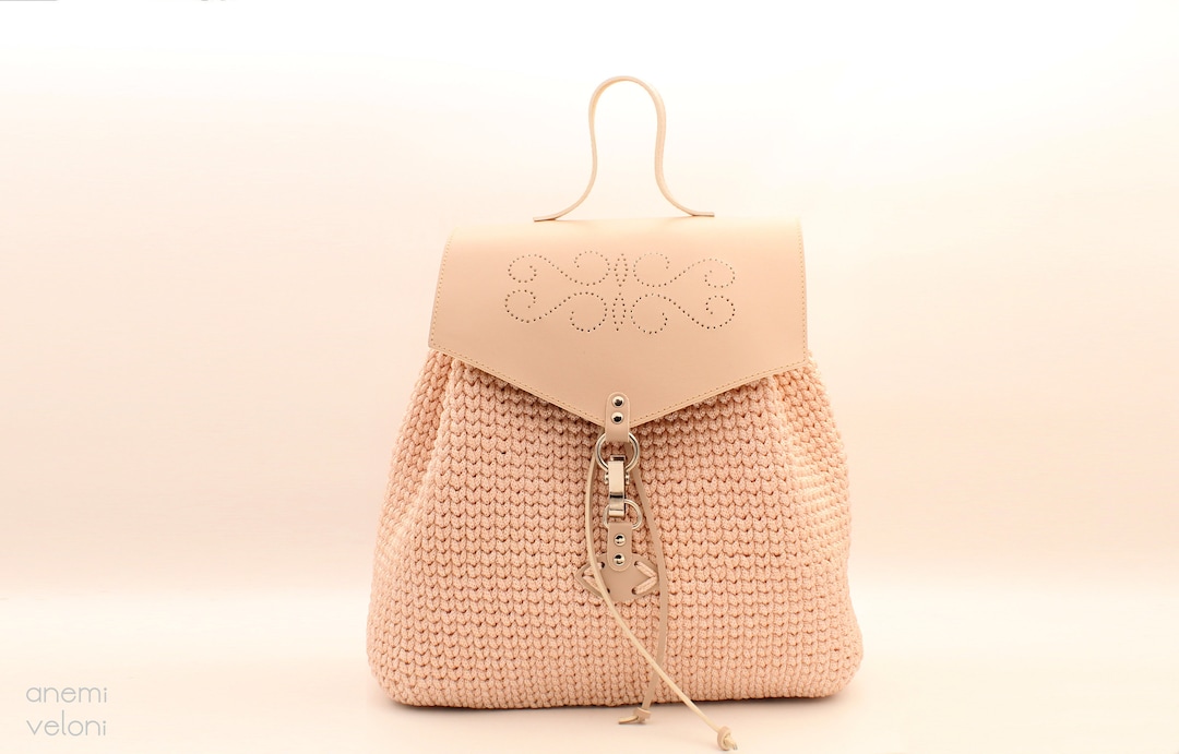 Pink Backpack, Dusty Pink Crochet Backpack, Leather Bag, Boho Handbag ...