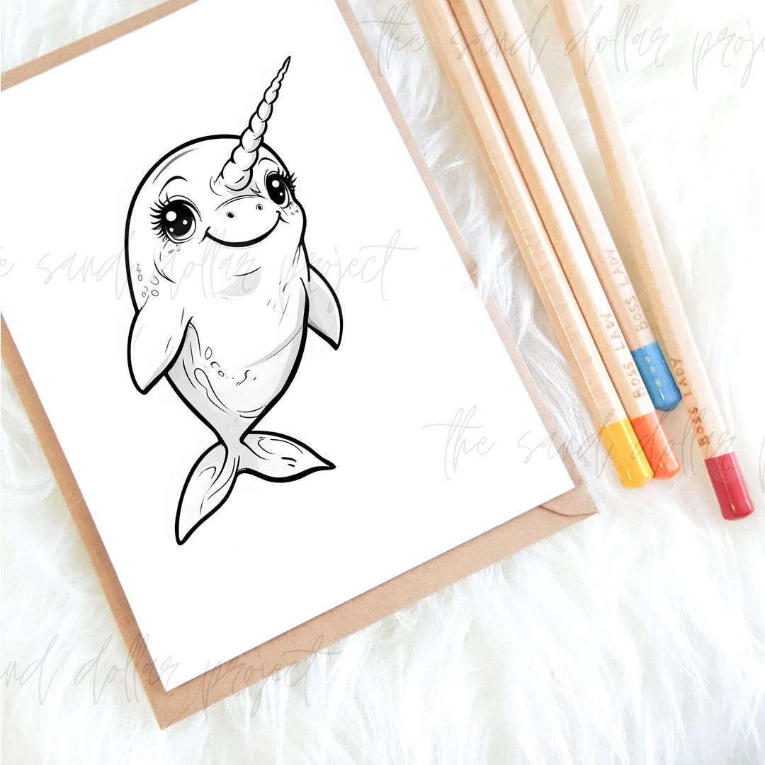 Narwhal Coloring Page: Beach Theme, Kids & Adults (PDF Download) - Etsy UK