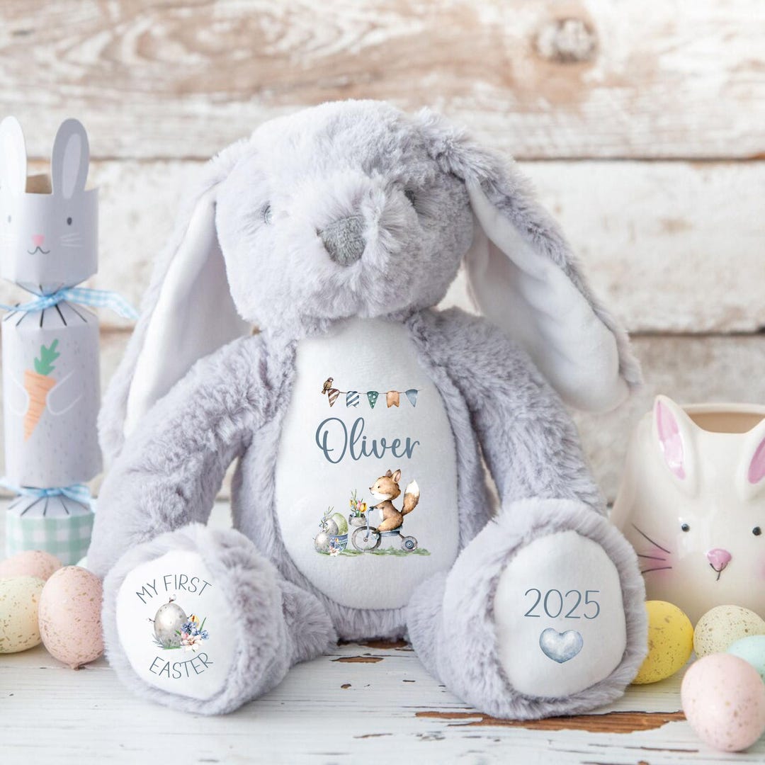 First Easter Personalised First Teddy | Soft Grey Bunny | New Born ...