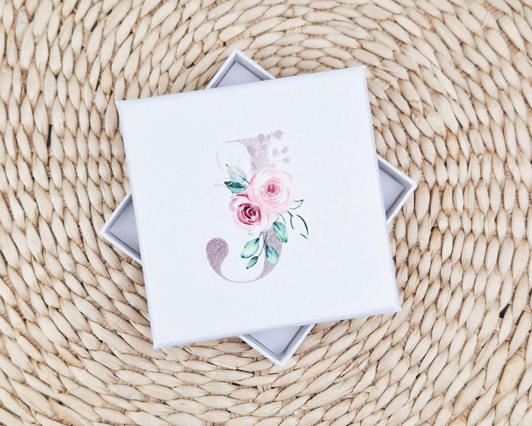 White Pearl Gift Box With Rose Gold Floral Initial | Bracelet Necklace ...