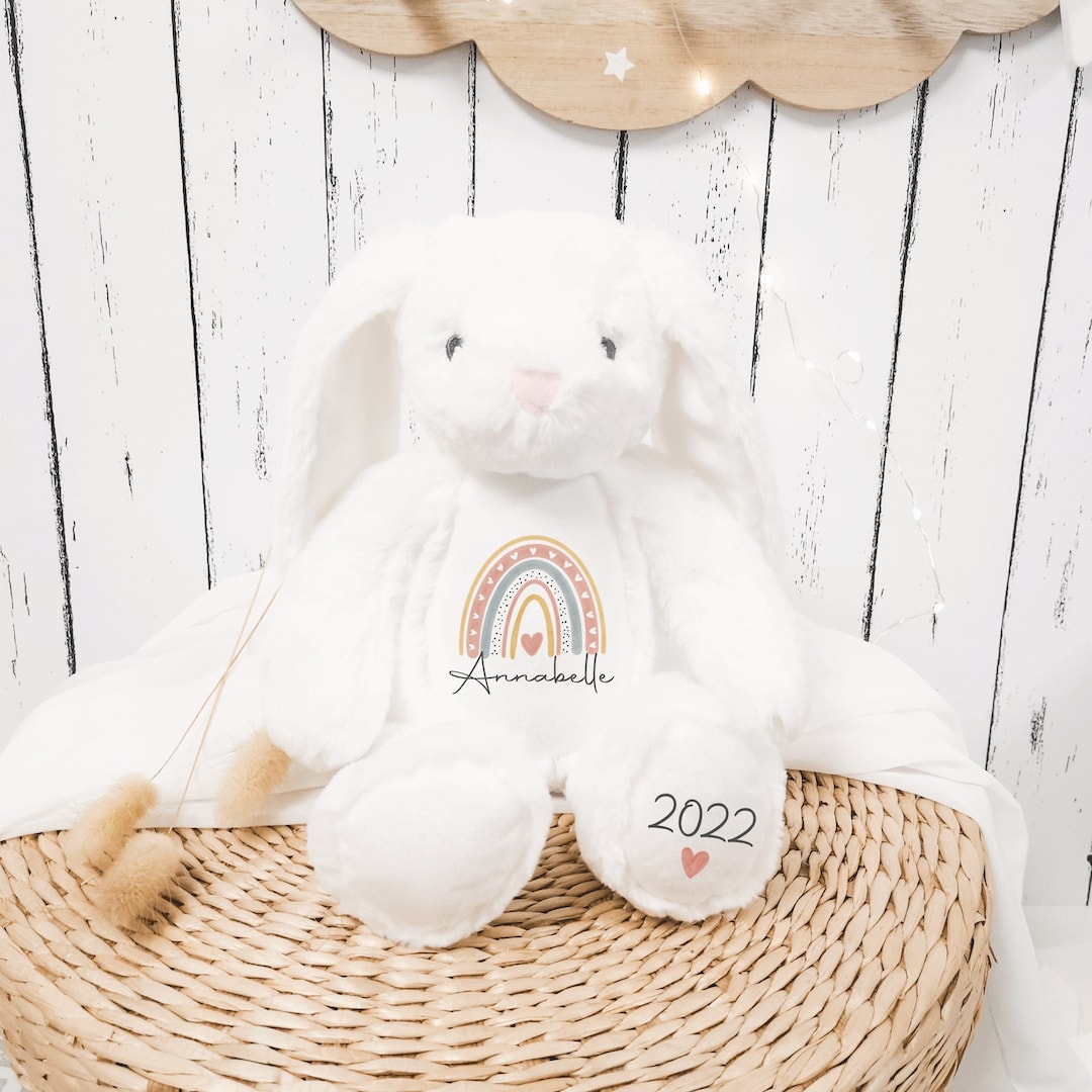 Personalised First Teddy Boho Rainbow | White Bunny Teddy | New Born ...