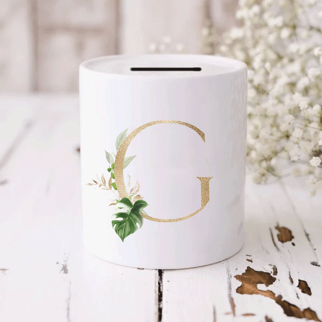 Personalised Gold Tropical Ceramic Money Box, Custom Name Initial, Gift ...