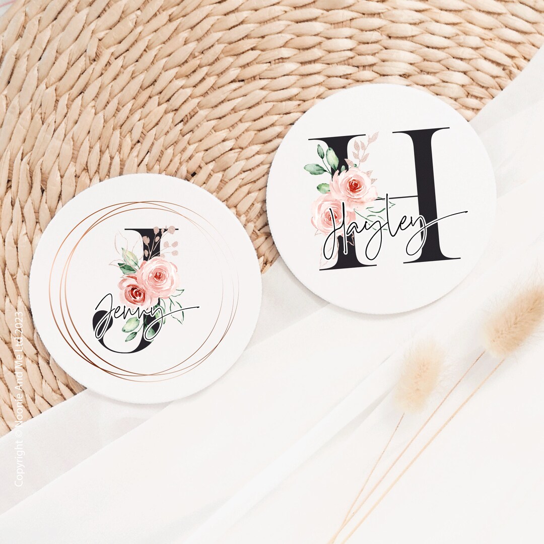 Personalised Floral Initial Ceramic Coaster Circle | Custom Name ...