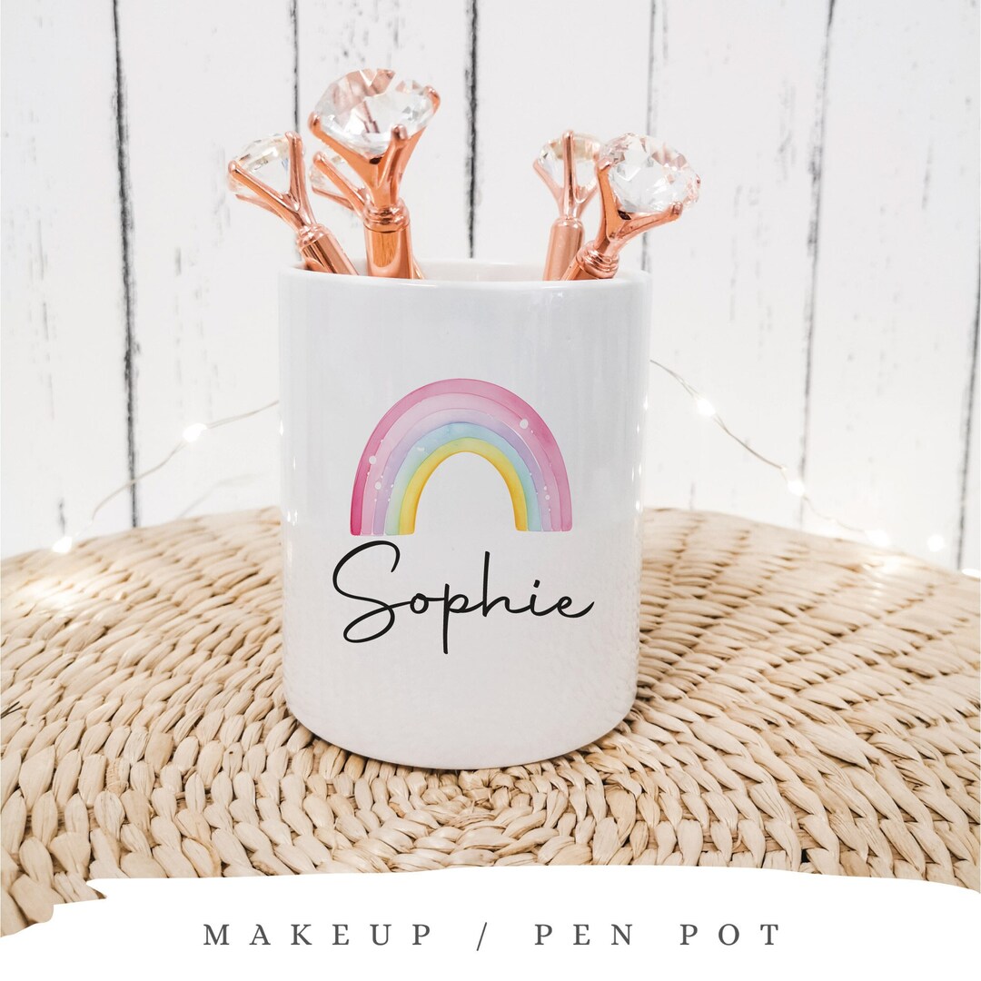 Personalised Pastel Rainbow Pen Pot, Custom Makeup Pot, Ceramic Pencil ...
