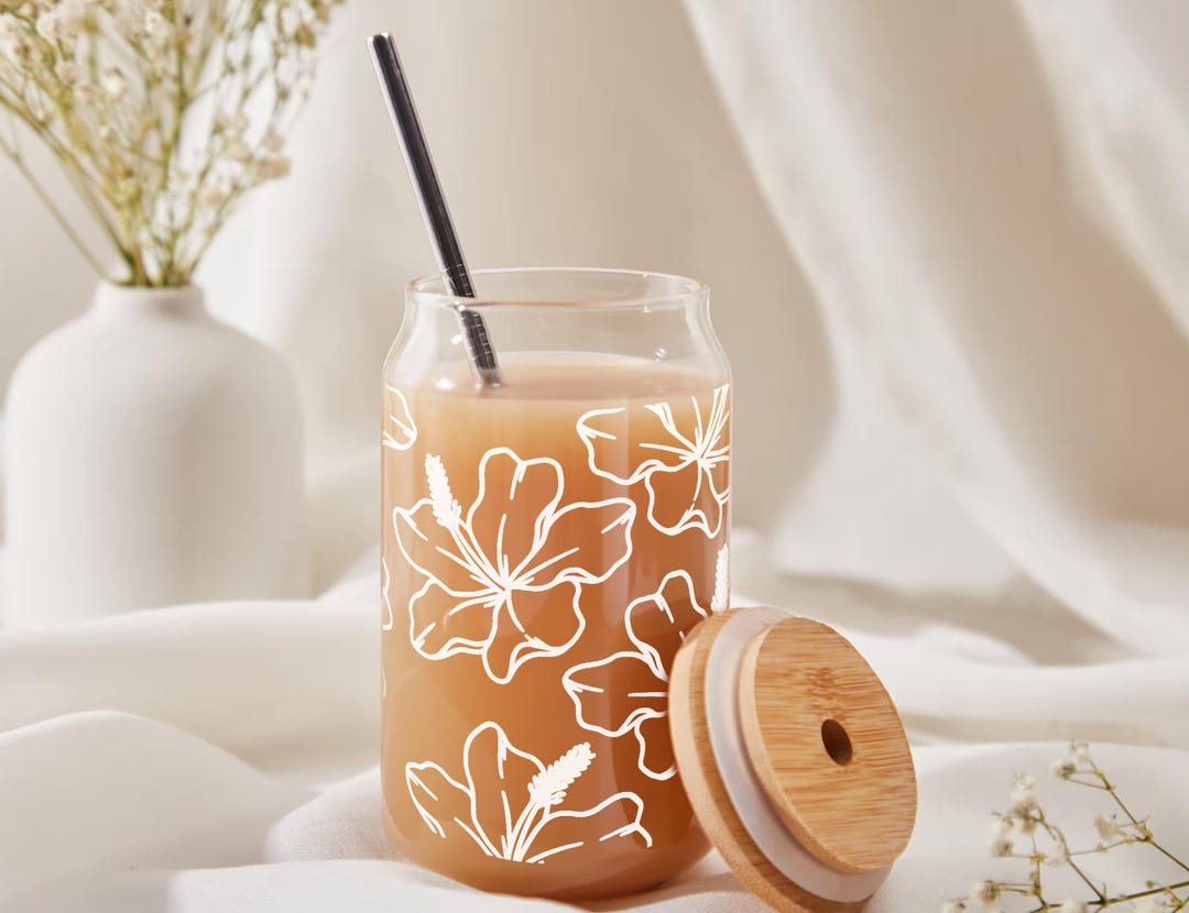 Hibiscus Flower Iced Coffee Glass Cups, Birthday Gift, Bridal Gift ...