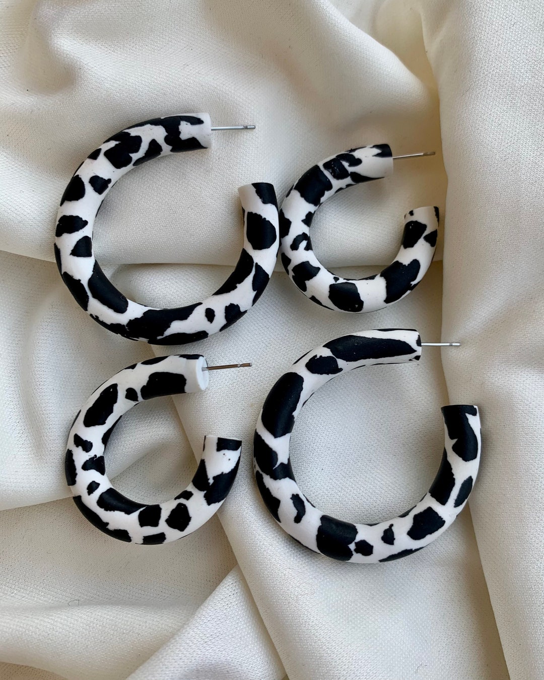 COW HOOPS - Black and White Cow Print Statement Clay Hoop Earrings ...