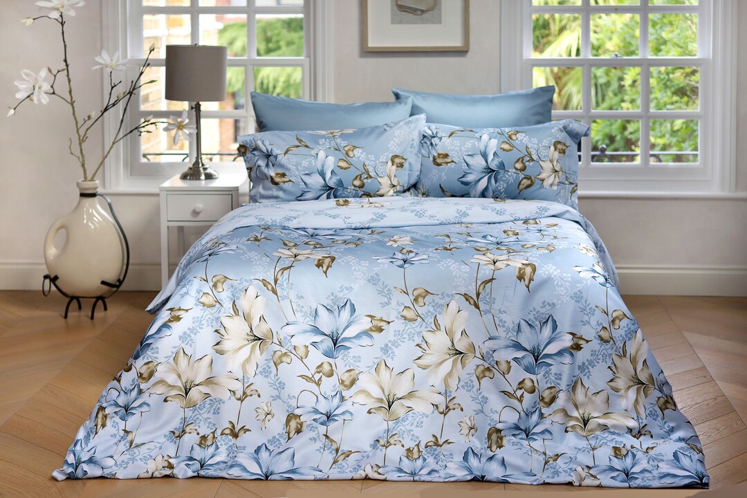 Blue Magnolia Bedding Set: Silky Premium Cotton Satin - Etsy