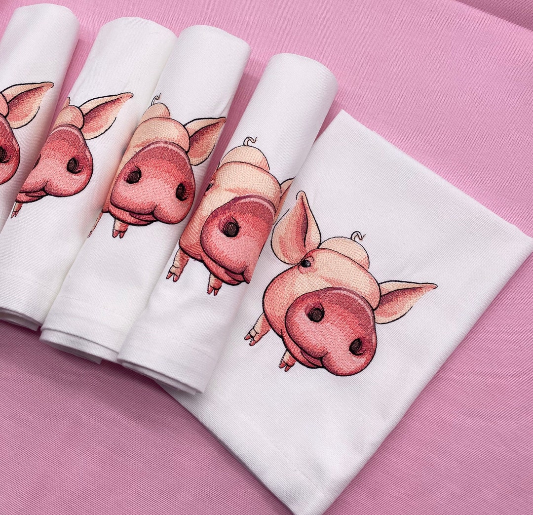 Embroidered Pig Linen Napkins, 100% Cotton, Set of 5 (50x50 Cm) - Etsy