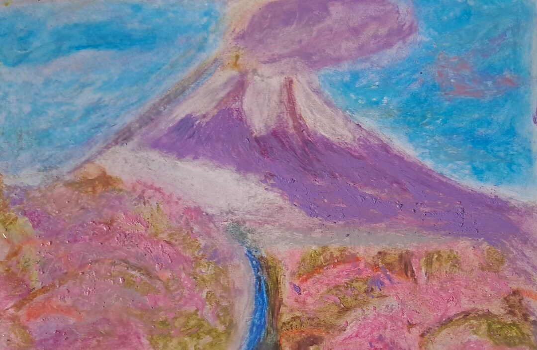 Blossom Volcano – Fantastical Oil Pastel Landscape by Laura ...