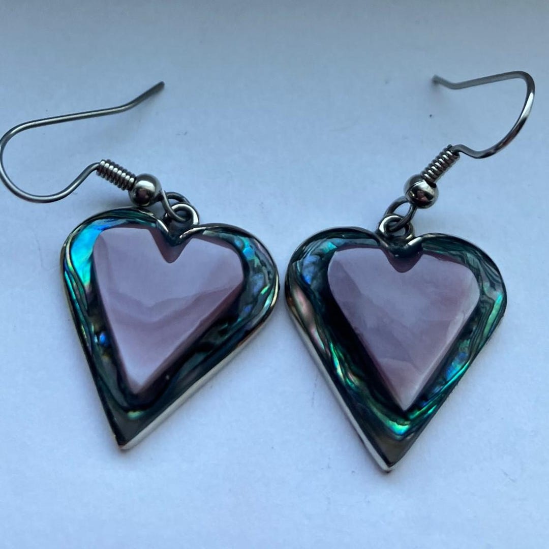 Vintage Handcrafted Abalone and Pink Clam Shell Heart Dangle Earring ...