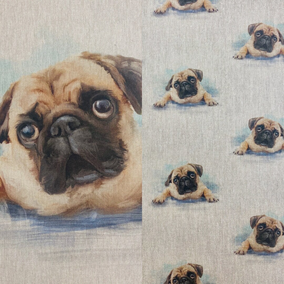 PUG Fabric Panel & Small Print Fabric 100% Craft Cotton Puppy Sewing ...