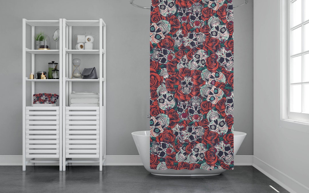 Red Gothic Shower Curtain Skulls and Roses Bathroom Home Decor Goth ...