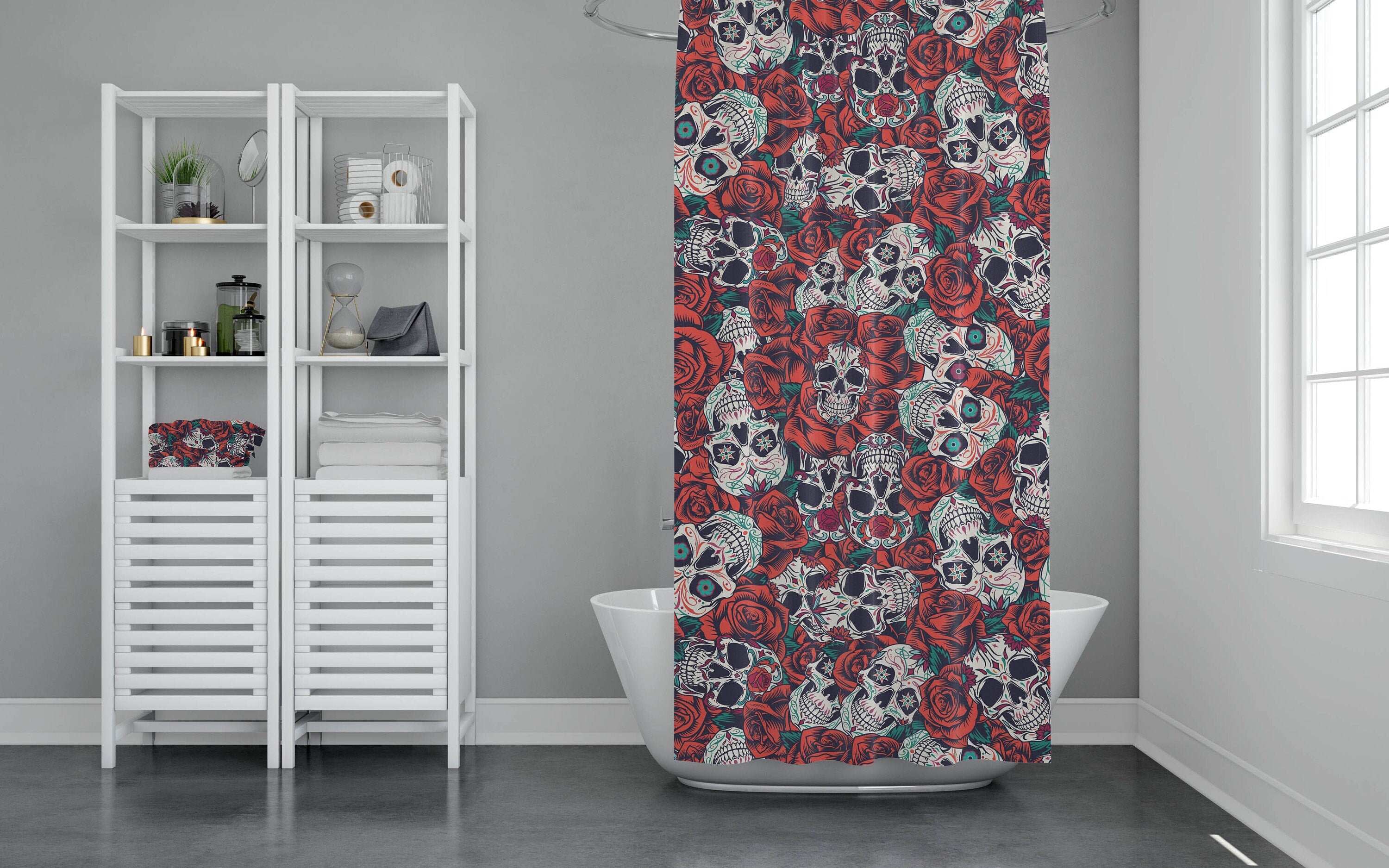 Red Gothic Shower Curtain Skulls and Roses Bathroom Home Decor Goth ...