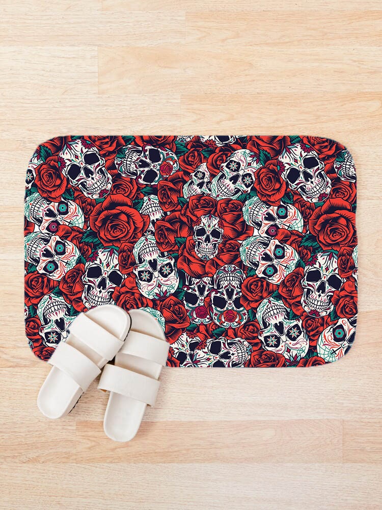 Gothic Bath Mat Red Goth Bathroom Skulls and Roses Rug Mats - Etsy