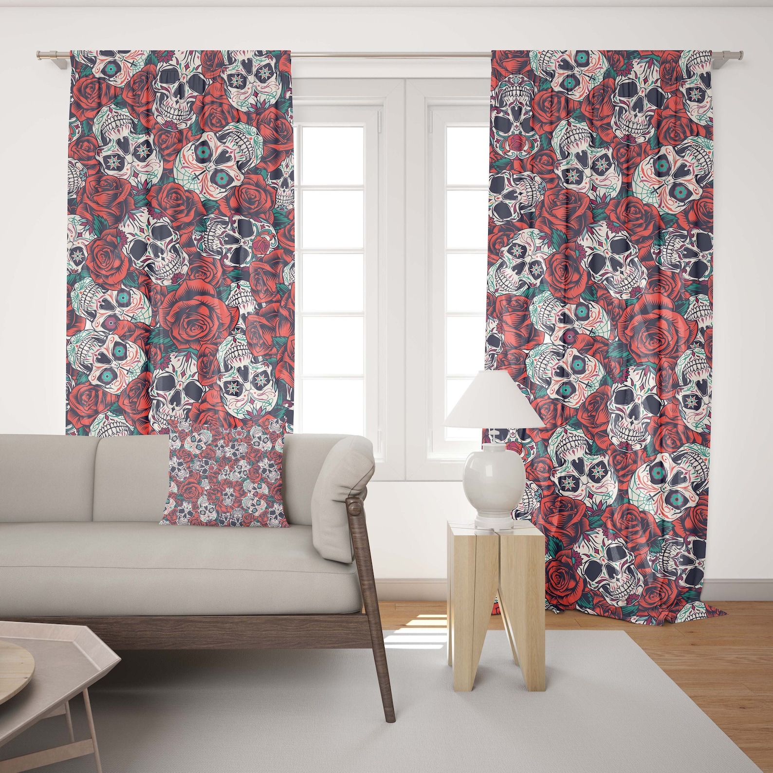 Red Skulls and Roses Gothic Window Curtains for Livingroom Bedroom ...
