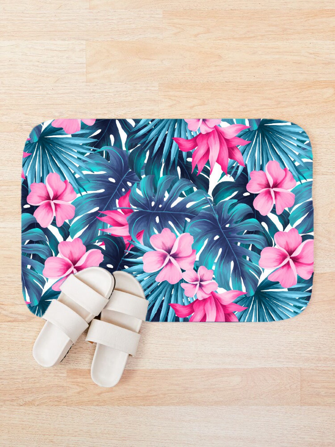 Tropical Teal and Pink Flowers Bath Mats Unique Bath Mat Boho - Etsy