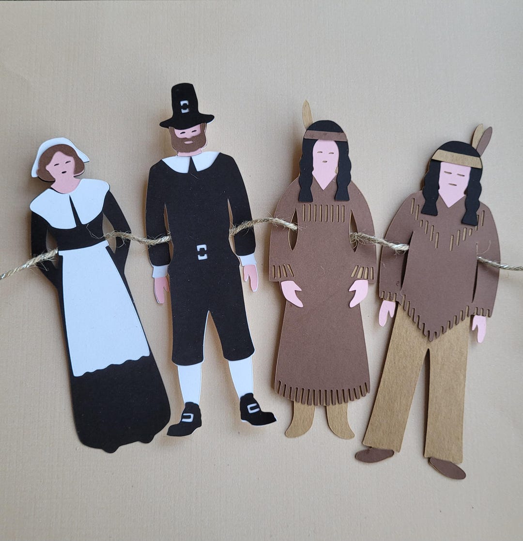 Thanksgiving Pilgrim and Native American Banner SVG, Layered Digital ...