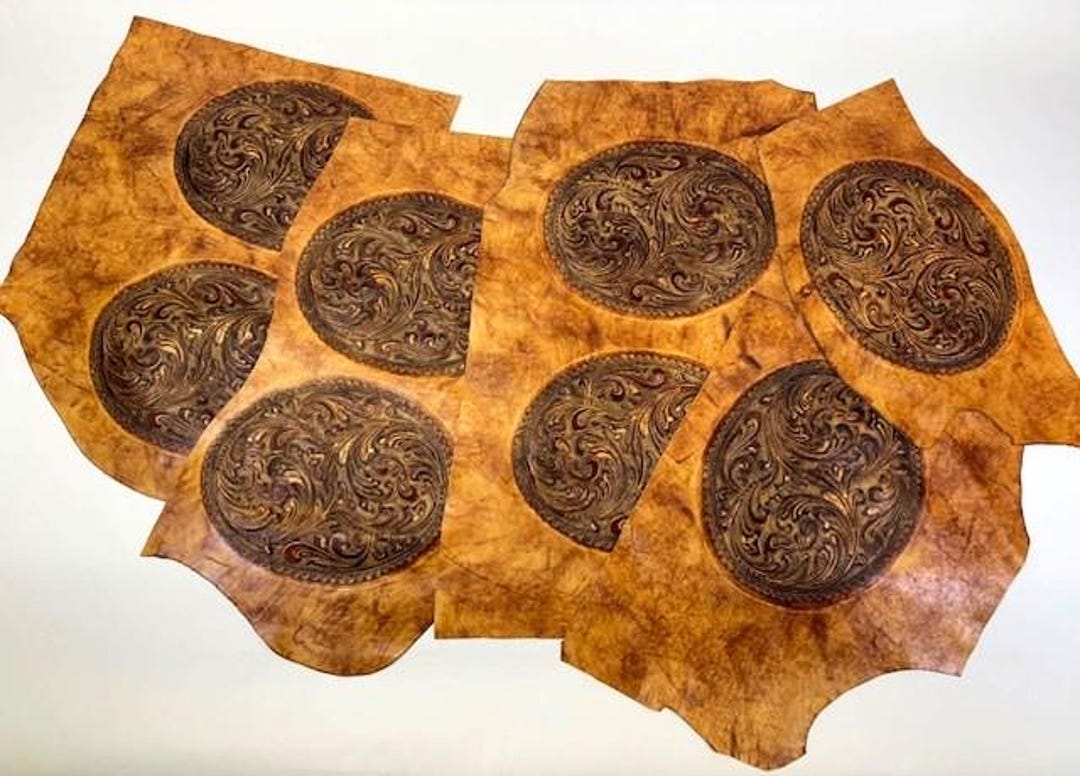 RARE Embossed, Scrolled Medallion on Cognac Italian Leather, 5 Pieces ...