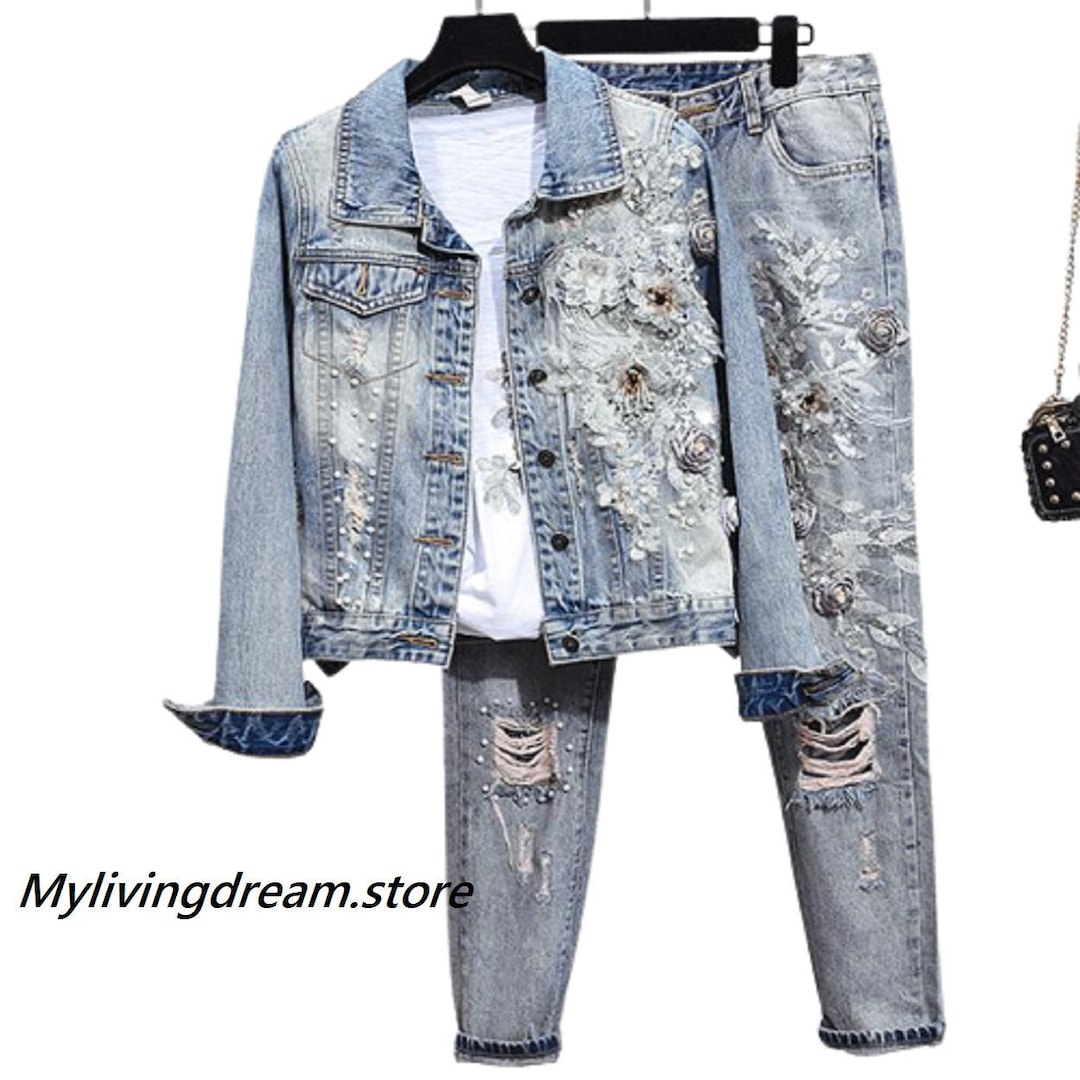 Vintage Streetwear Applique Distressed Denim Jacket With Bead - Etsy