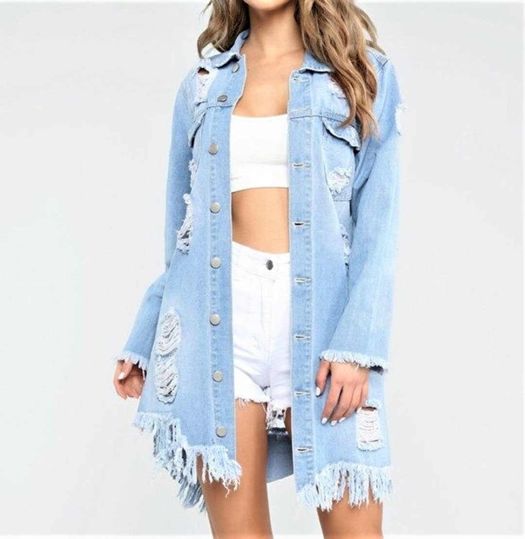 Distressed Denim Jacket Short Dress Lightweight Denim Style for Summer ...