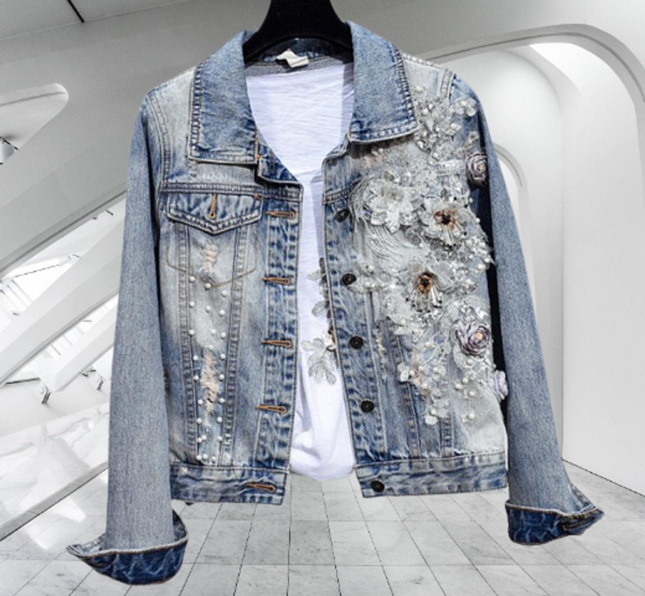 Vintage Streetwear Applique Distressed Denim Jacket With Bead - Etsy