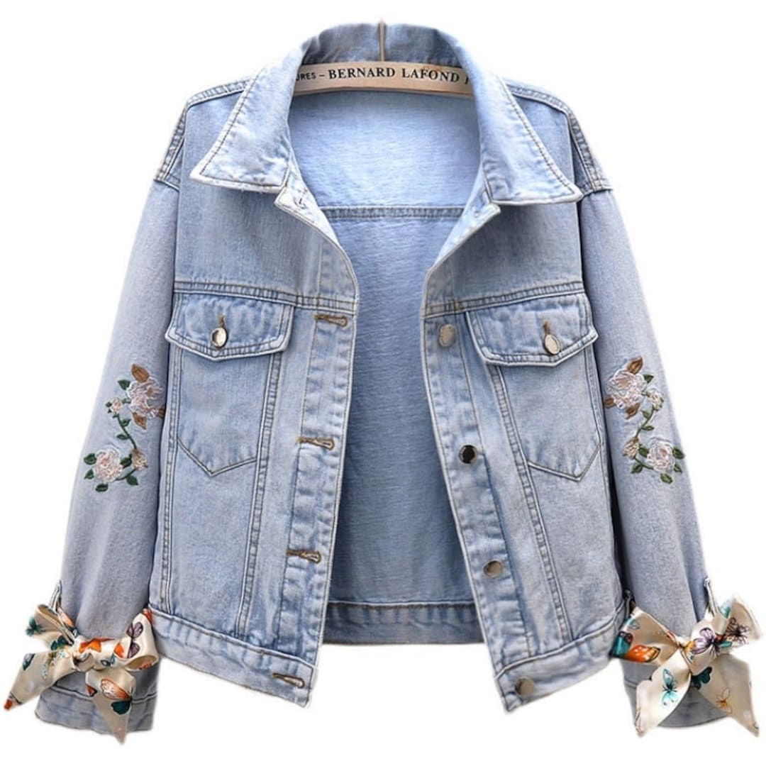 Womens Embroidered Denim Jacket With Floral Bows To Long Sleeves Etsy