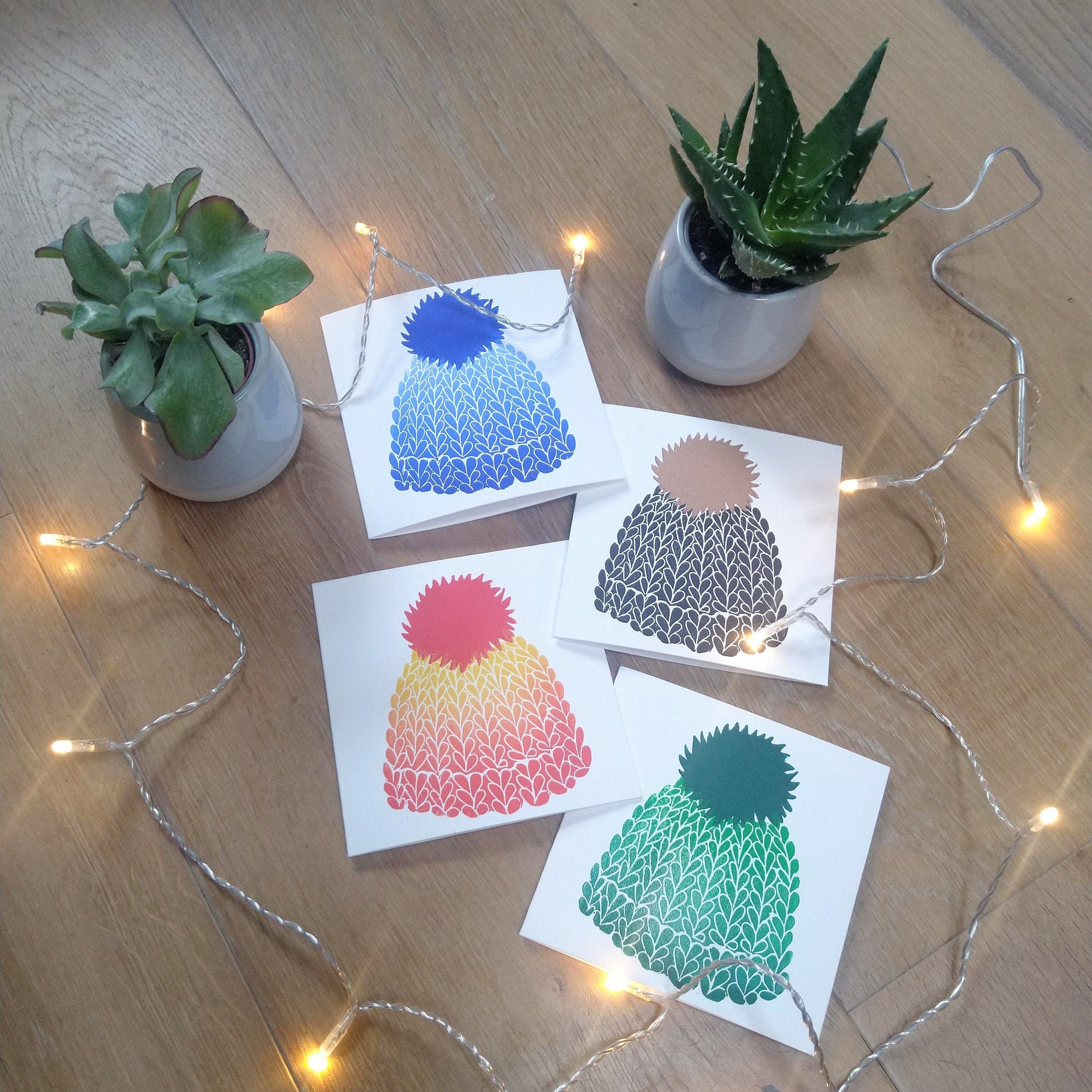 Linoprinted Bobble Hat Cards - A Set of 4 Colourful, Handprinted Cards ...