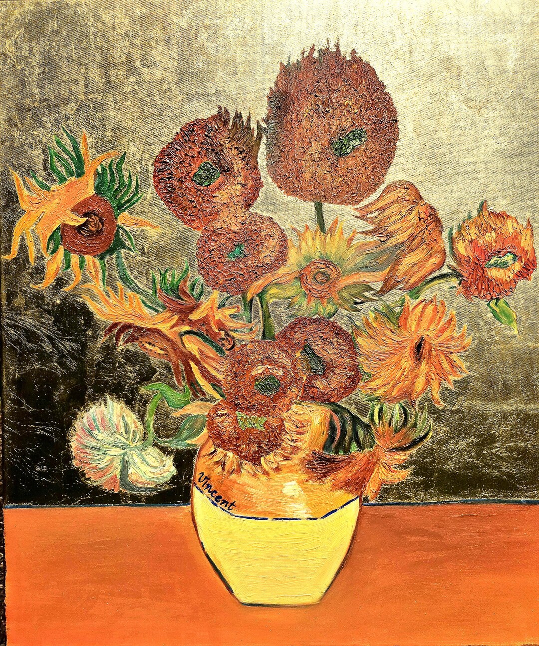 Van Gogh Sunflowers Oil Painting Reproduction With Gold Leaf, Hand ...