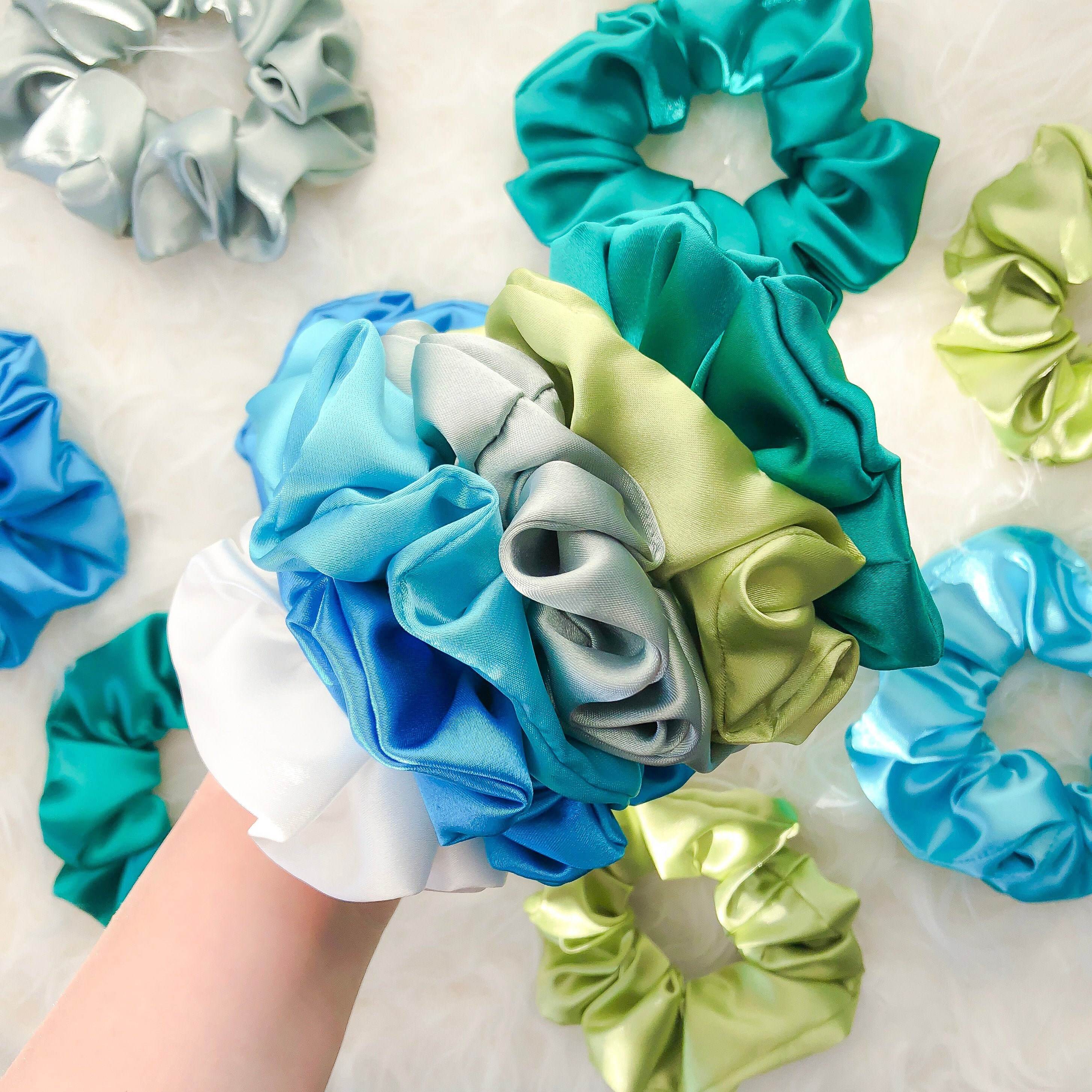 Blues and Greens Silk Scrunchie Set | Blue Silk Scrunchy Pack | Luxury ...