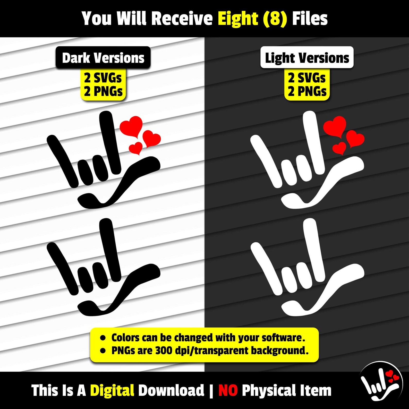 ASL SVG I Love You Ily Signs Svg Png Black White With/without Hearts ...