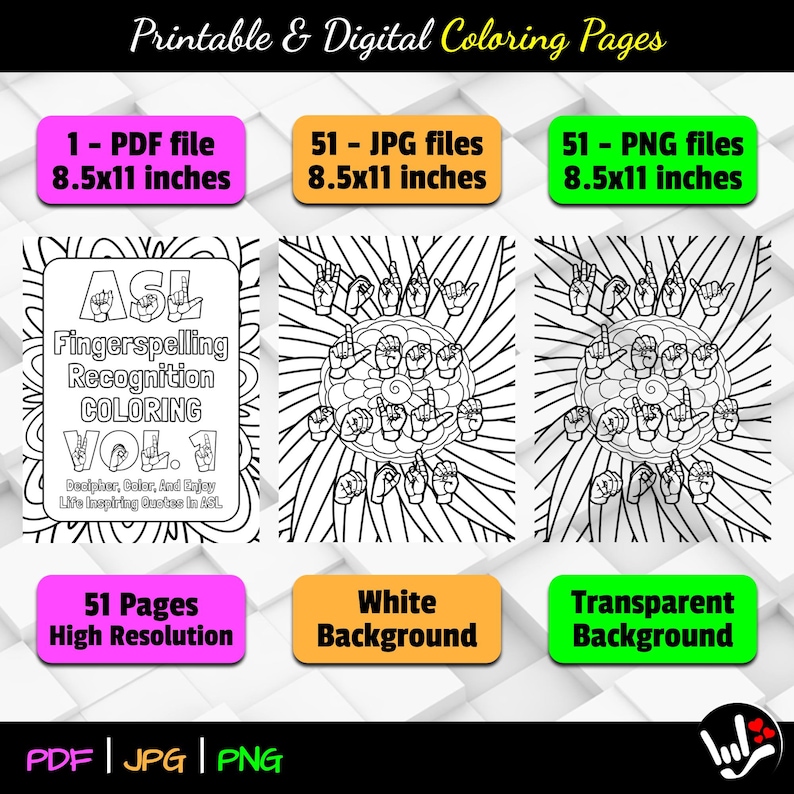ASL Printable & Digital Coloring Pages 8.5x11 Pdf Jpg Png - Etsy
