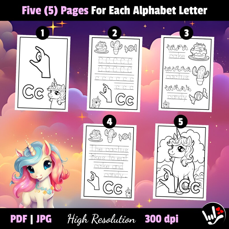 Unicorn Auslan Alphabet Coloring Pages | Sign Language Abcs (digital ...