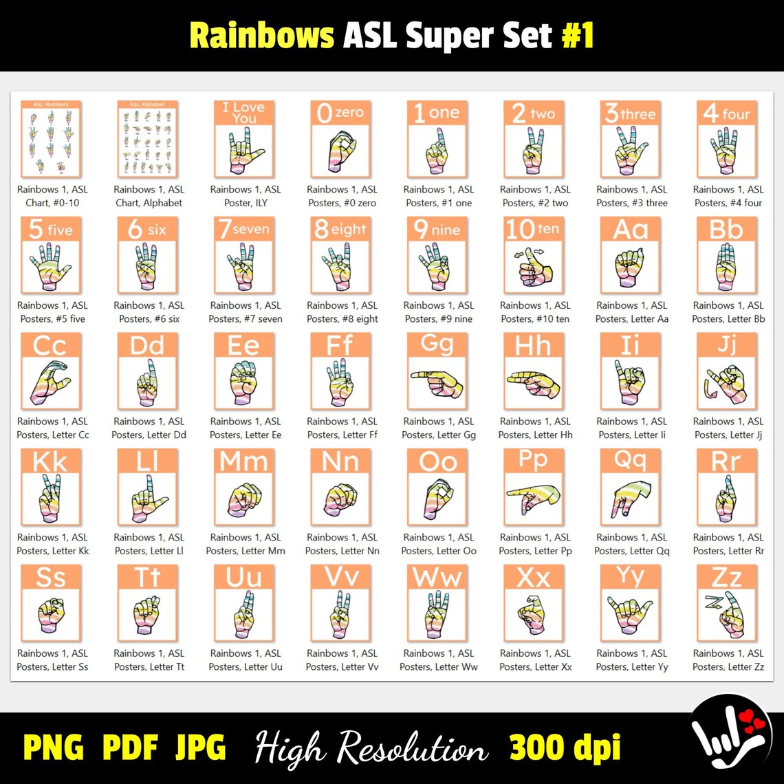 ASL Alphabet Numbers Ilys Rainbow Super Sets | Clipart Charts Posters ...