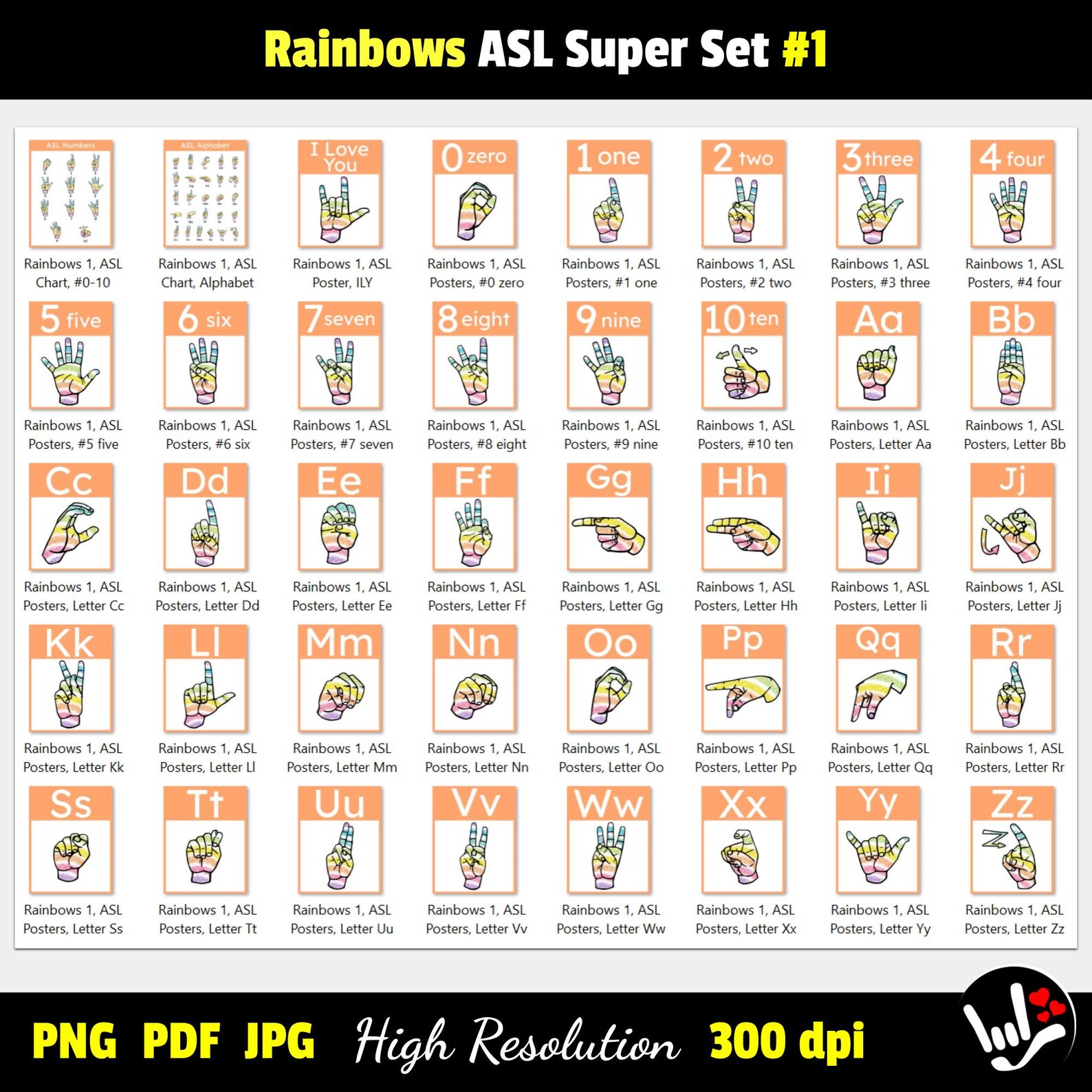 ASL Alphabet Numbers Ilys Rainbow Super Sets | Clipart Charts Posters ...