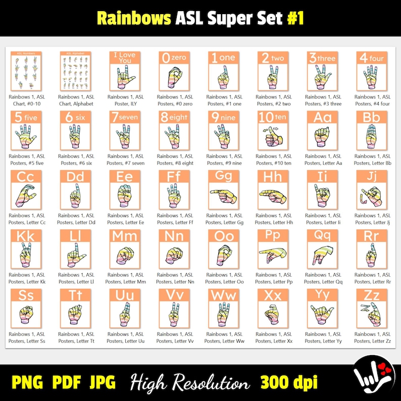 ASL Alphabet Numbers Ilys Rainbow Super Sets Clipart Charts - Etsy