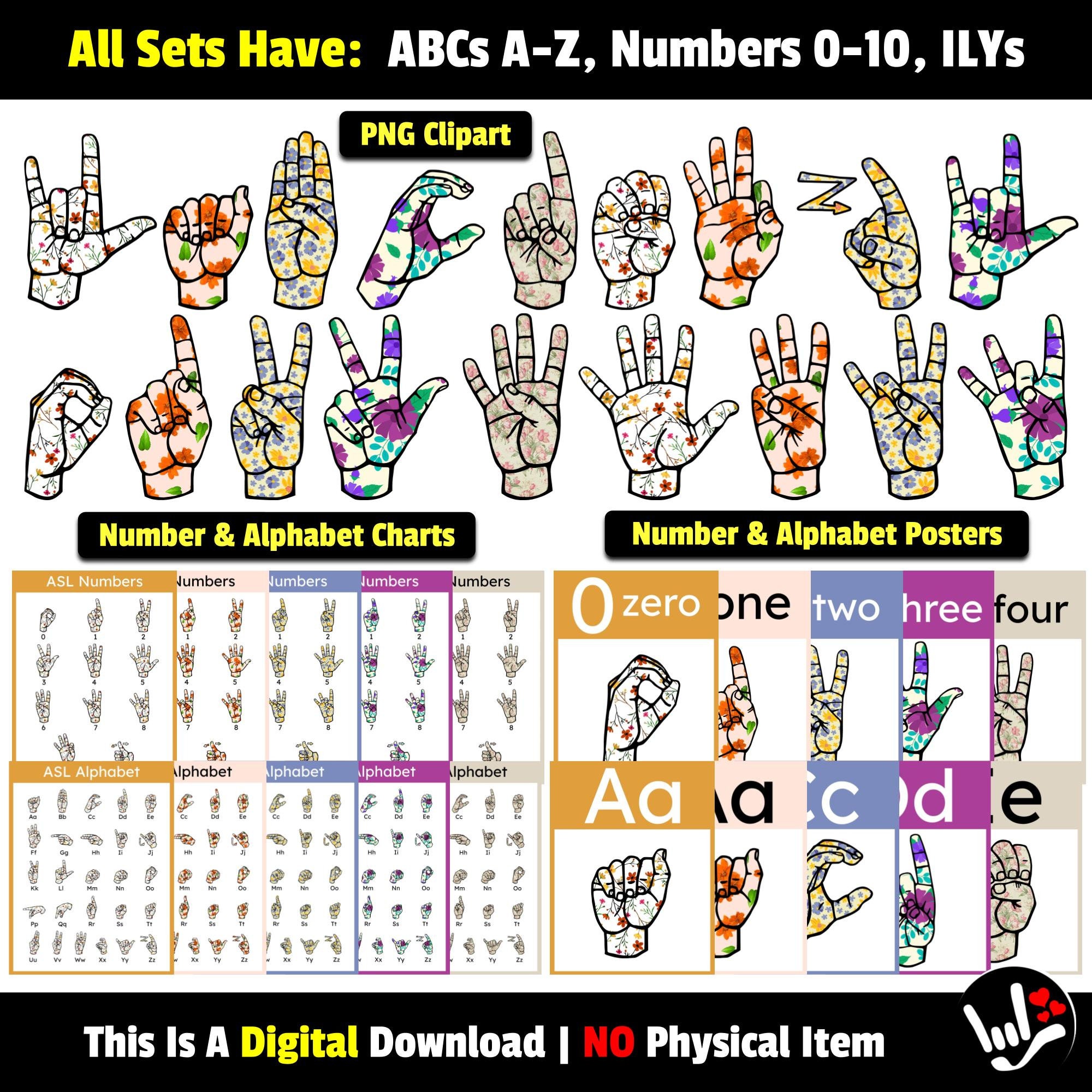 ASL Alphabet Numbers Ilys Flower Super Sets Clipart Charts - Etsy