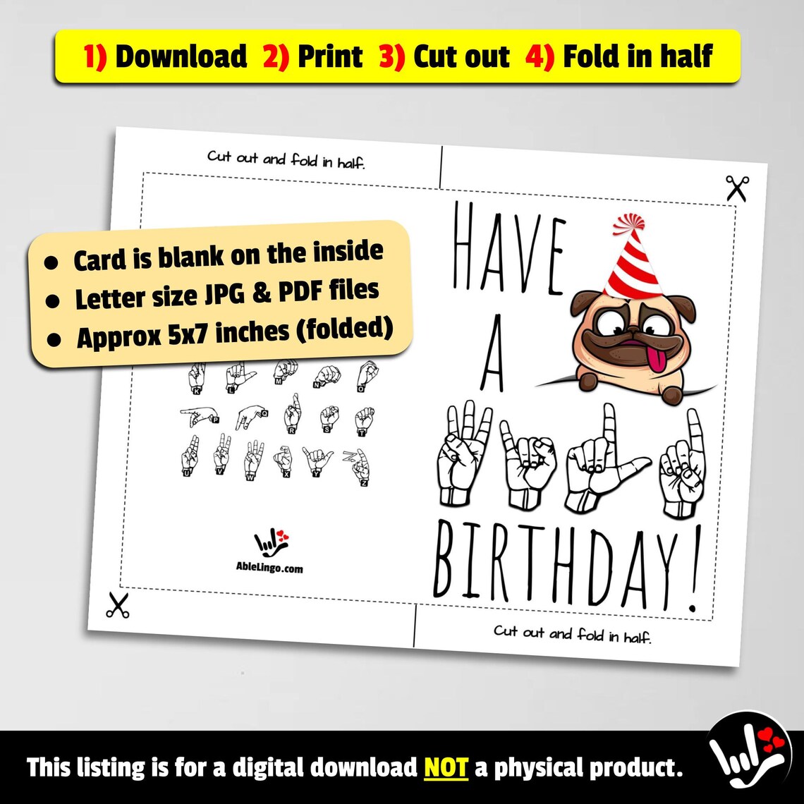 Printable ASL Birthday Card With ASL Alphabet FREE Envelope | Etsy