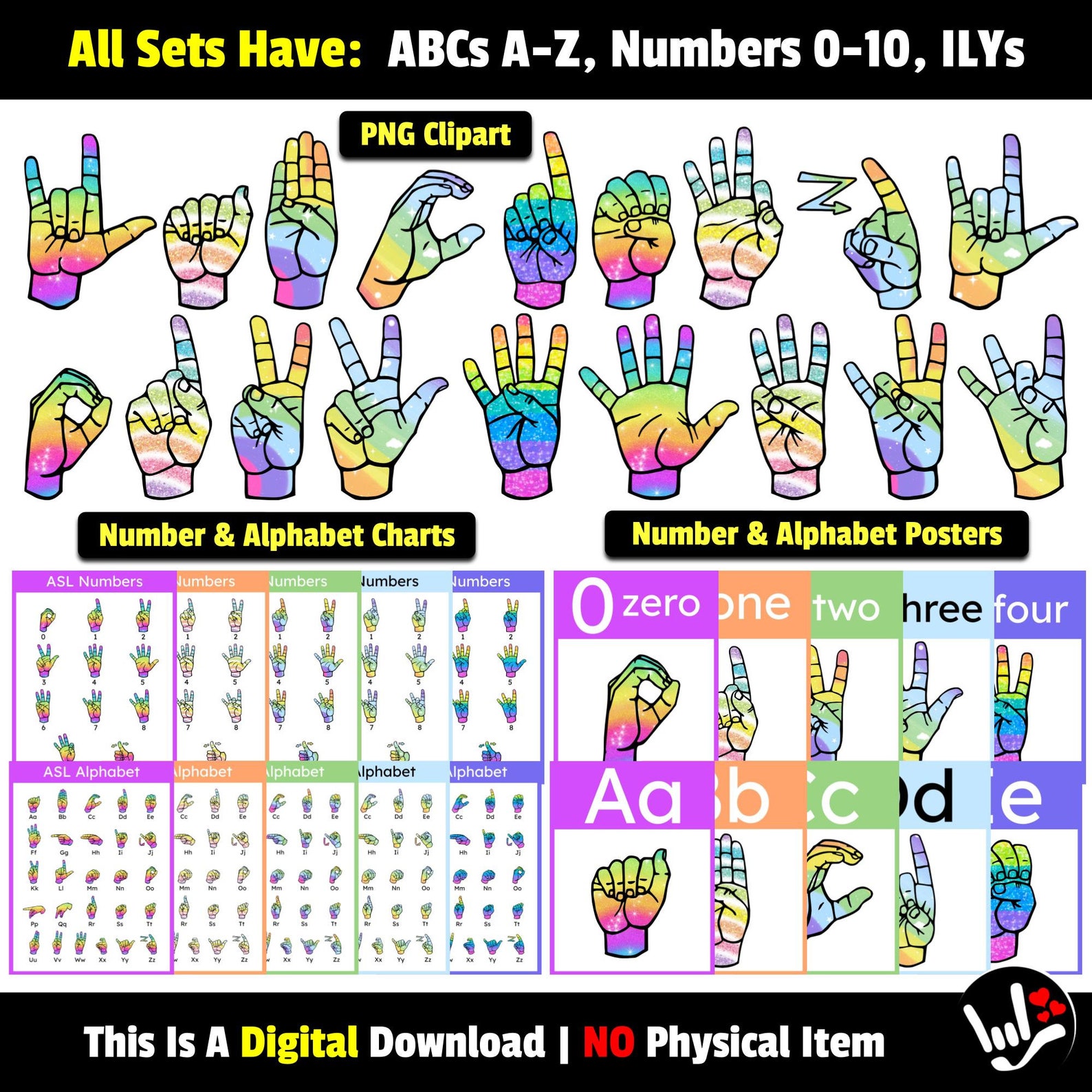 ASL Alphabet Numbers Ilys Rainbow Super Sets Clipart Charts Posters Png ...